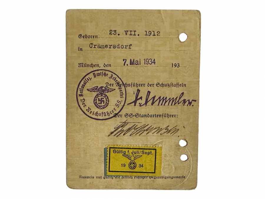 German SS Identification Card Stamped/Signed by Heinrich Himmler ...